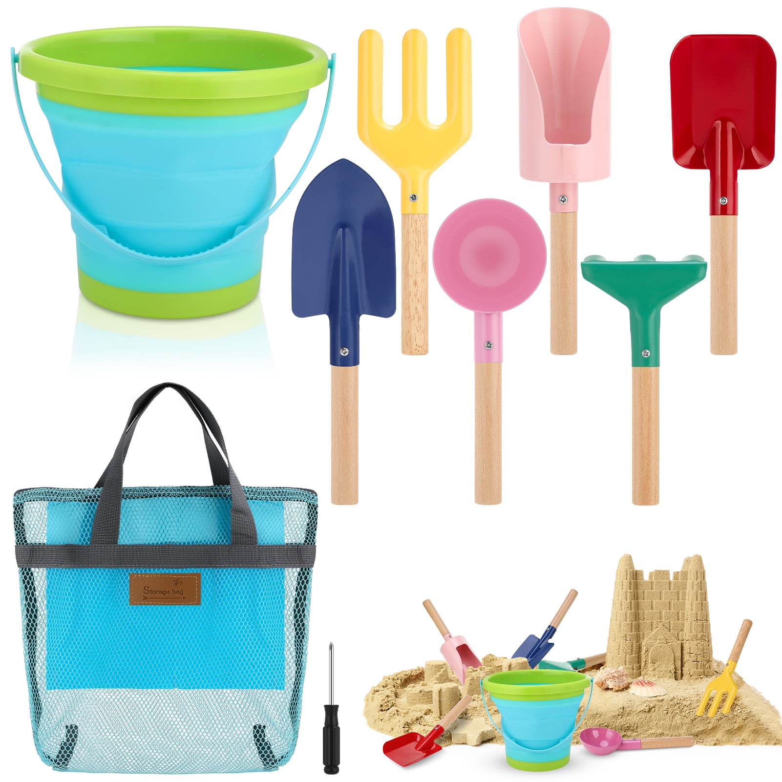sixwipe Beach Toys for Kids, 9 Pcs Sand Bucket and Metal Sand Shovel ...