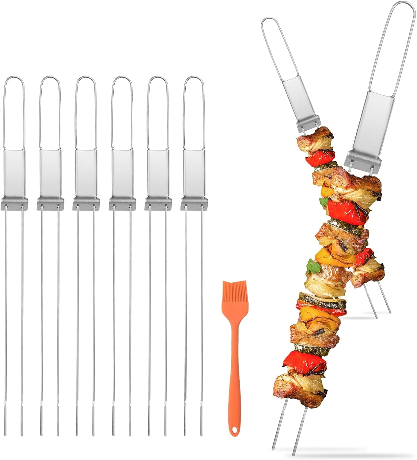 "Skewers for Grilling - 13"" Kabob Skewers with Push Bar Double Pronged ...