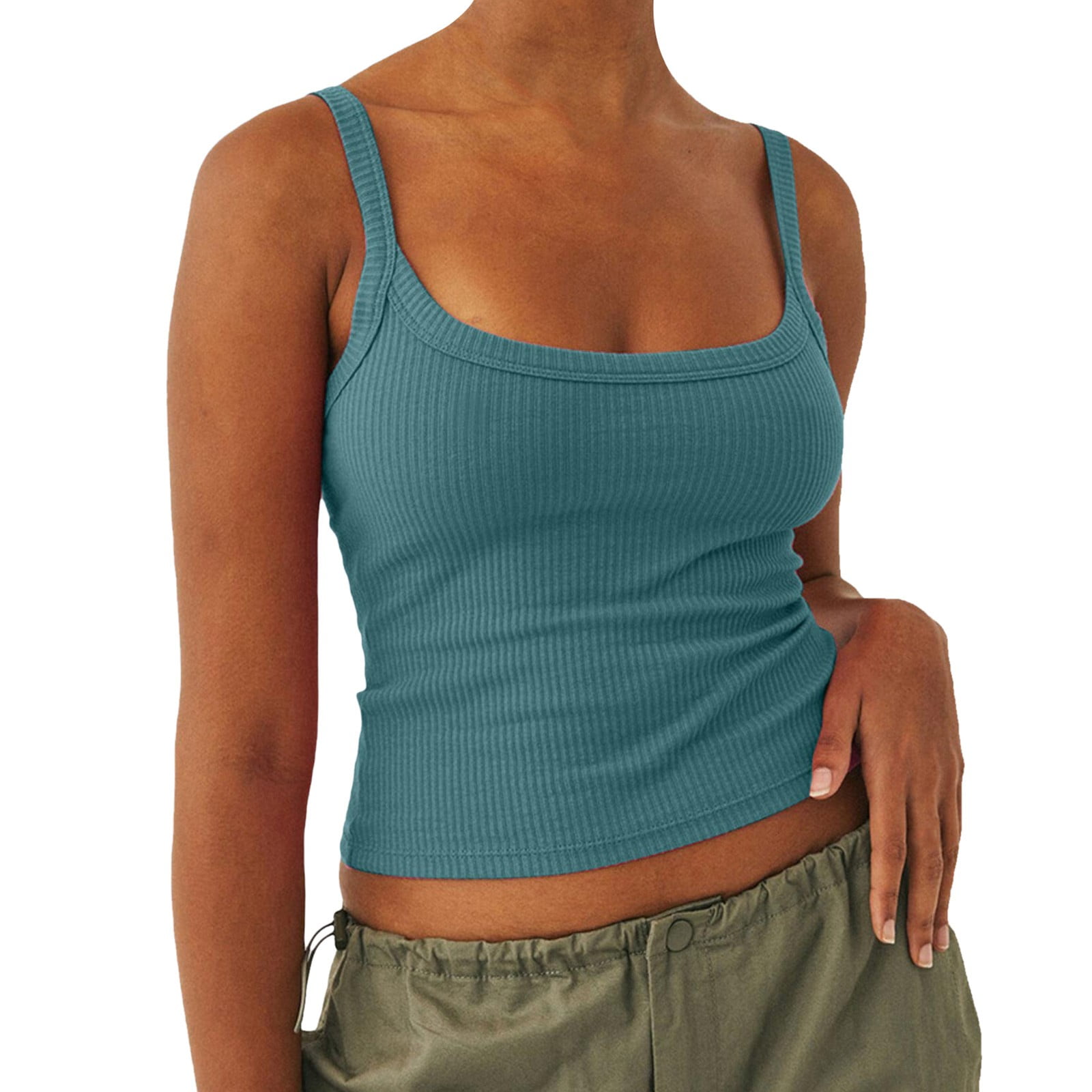 skfvkab Women Spaghetti Strap Scoop Neck Ribbed Tank Tops Slim Fitted ...