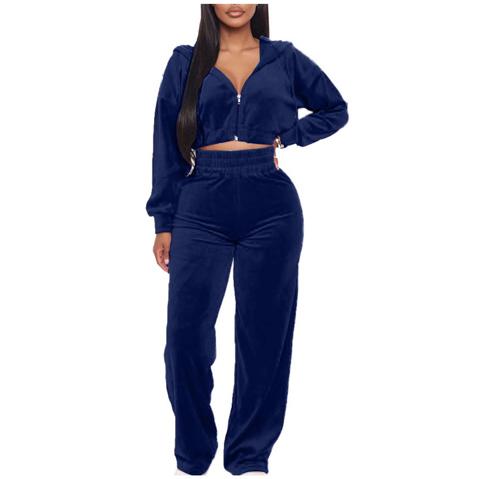 skpabo Velour Tracksuit Women 2 Piece Outfit Velvet Zipper Crop Hoodie ...