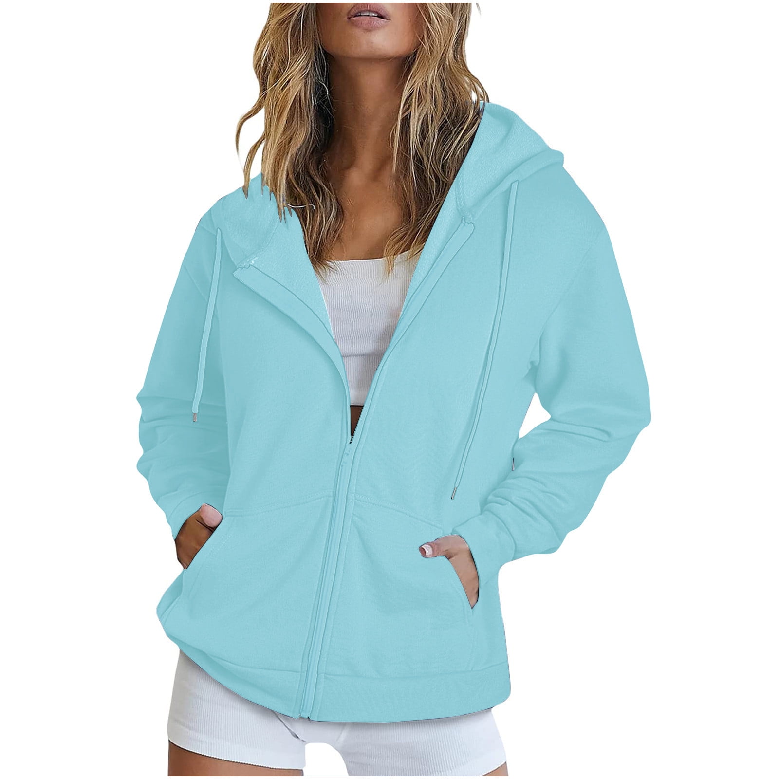 skpabo Zip Up Hoodies for Women Plus Size Plain Solid Color Full Zip Up ...
