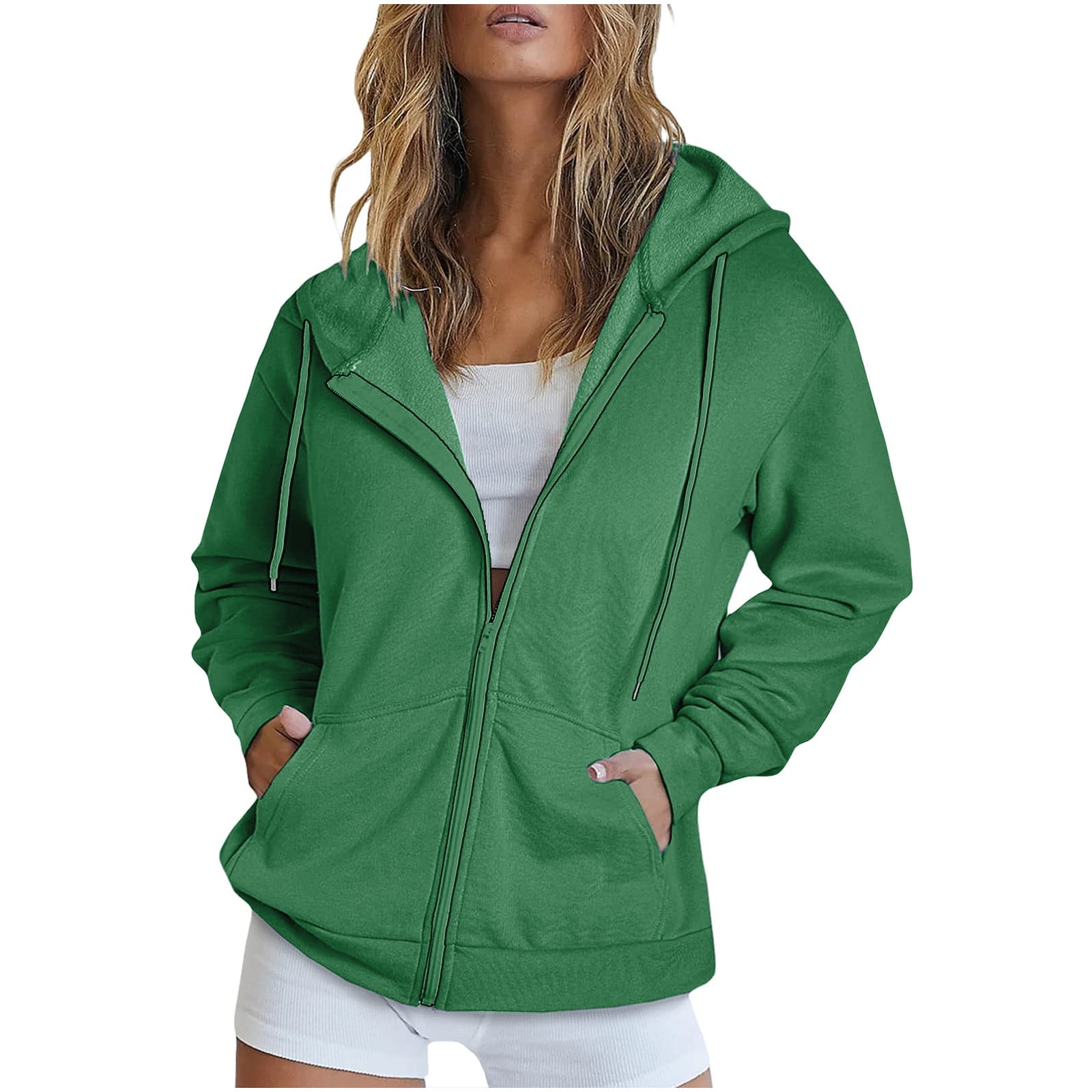 skpabo Zip Up Hoodies for Women Plus Size Plain Solid Color Full Zip Up ...
