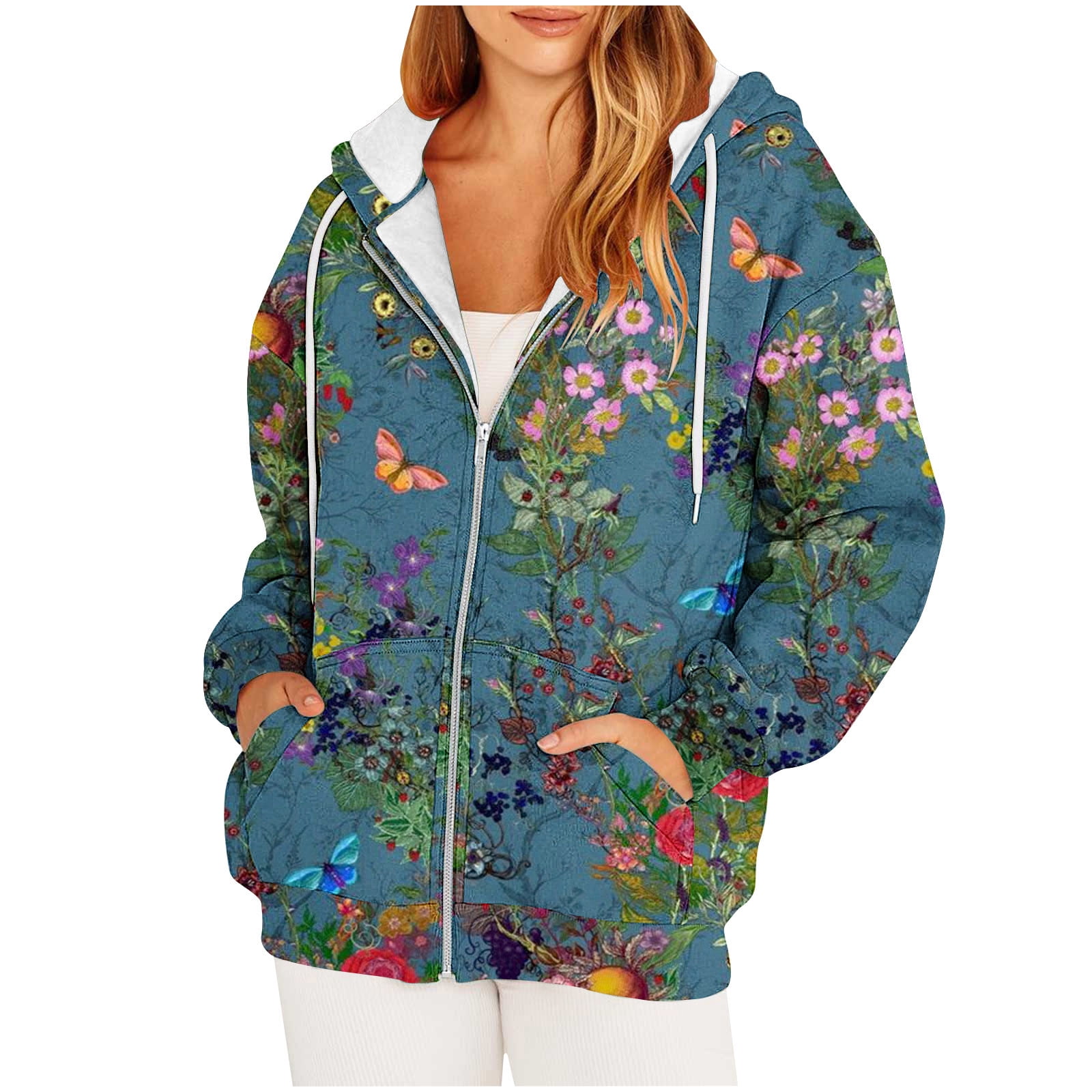 skpabo Zip Up Hoodies for Women Fashion Floral Print Sweatshirts Long ...