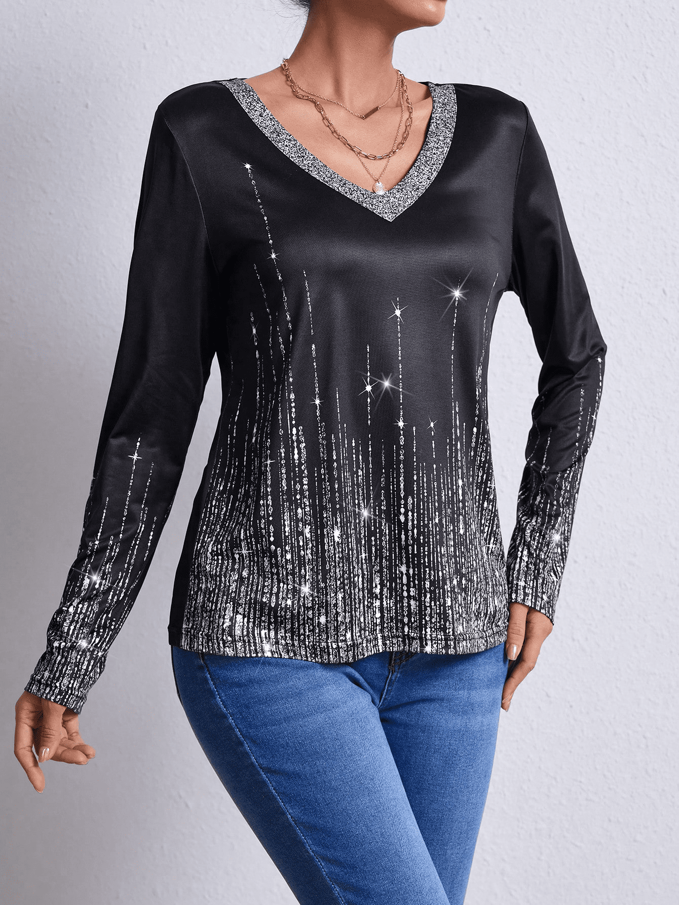 skyday V-Neck Glitter Embellished Top - Stylish Long Sleeve for Daily ...