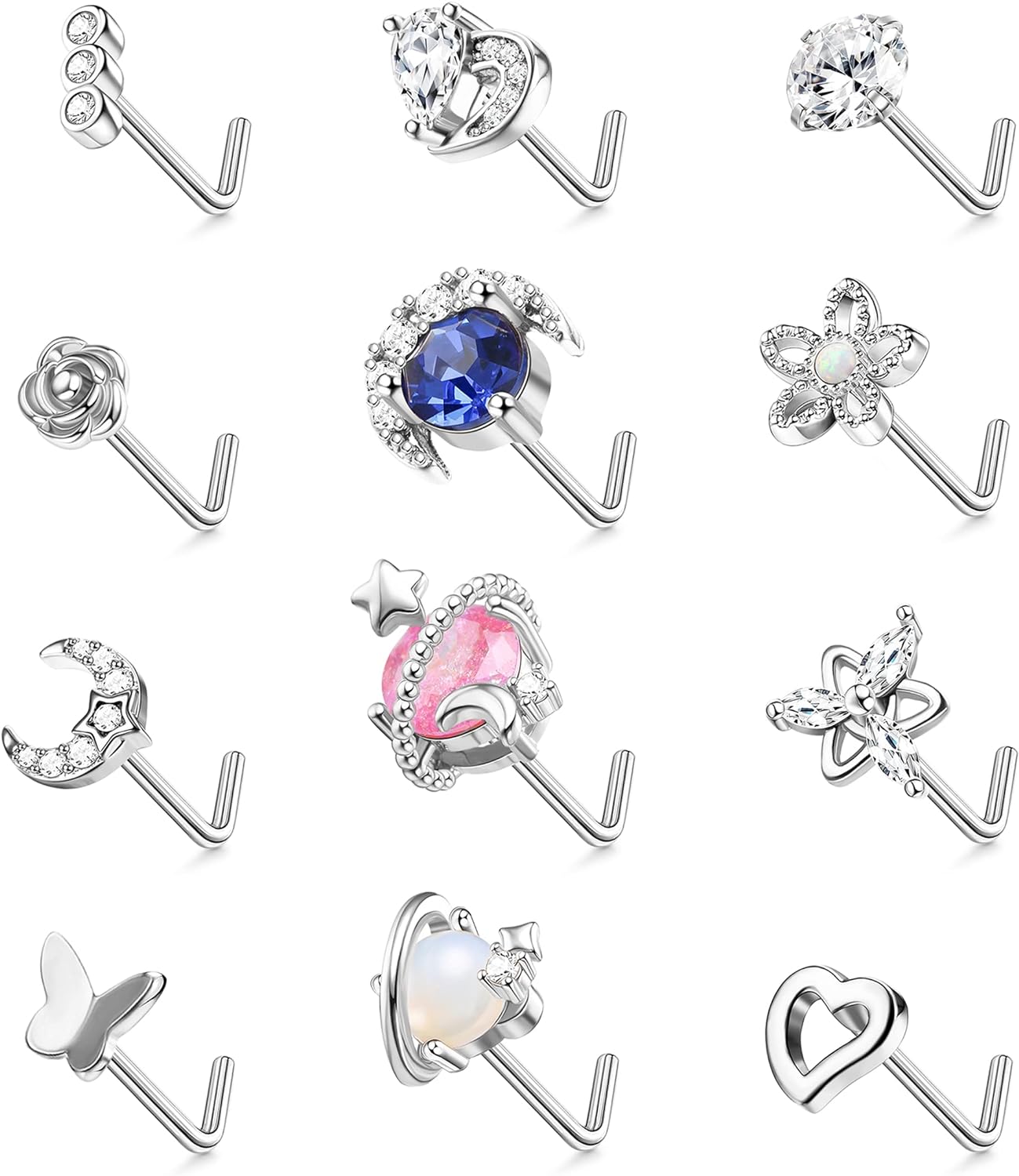 skyyds 12Pcs L Shaped Bone Nose Studs Screw Nose Studs Surgical Steel ...