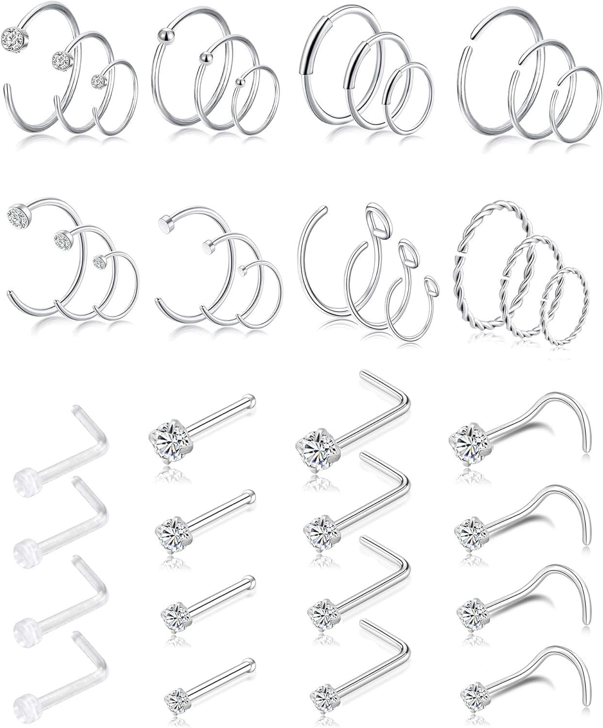 skyyds 20G 40Pcs Stainless Steel Nose Rings And Studs Set - L-Shaped ...