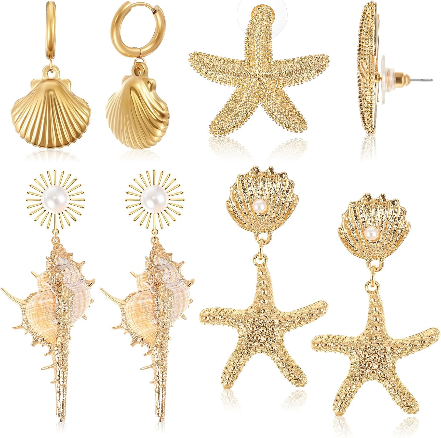 skyyds 4 Pairs Earrings Set Clam Shell Starfish Conch Sea Shell Charm ...