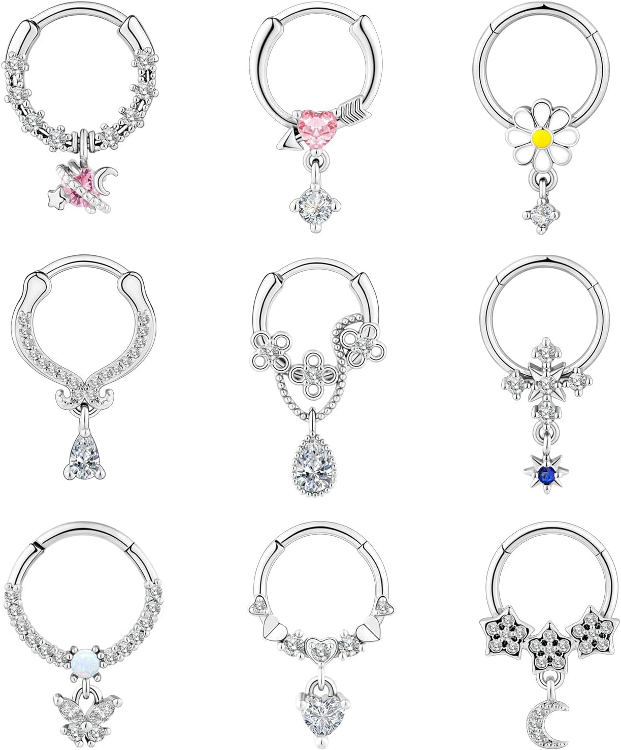 skyyds 9Pcs Septum Ring For Women 16G Dangle Septum Jewelry Hinged Nose ...