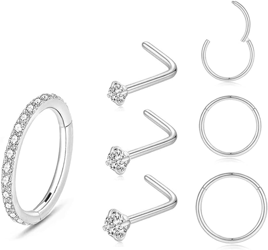 skyyds Silver Nose Rings Nose Studs Set Surgical Steel Hinged Segment ...