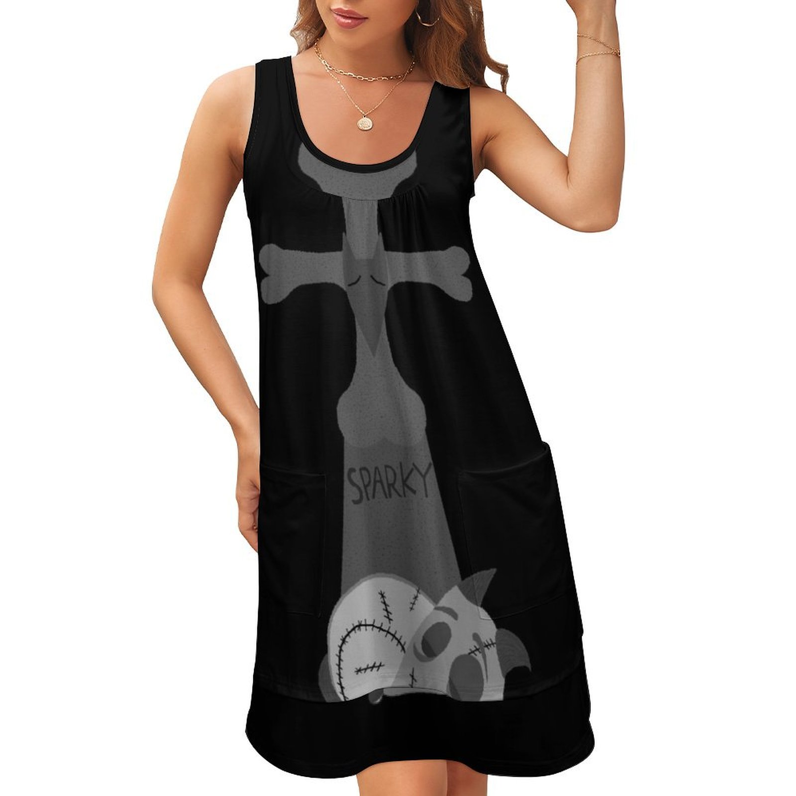 sleeping sparky at tombstone Sleeveless U-Neck Fake Two Piece Dress ...