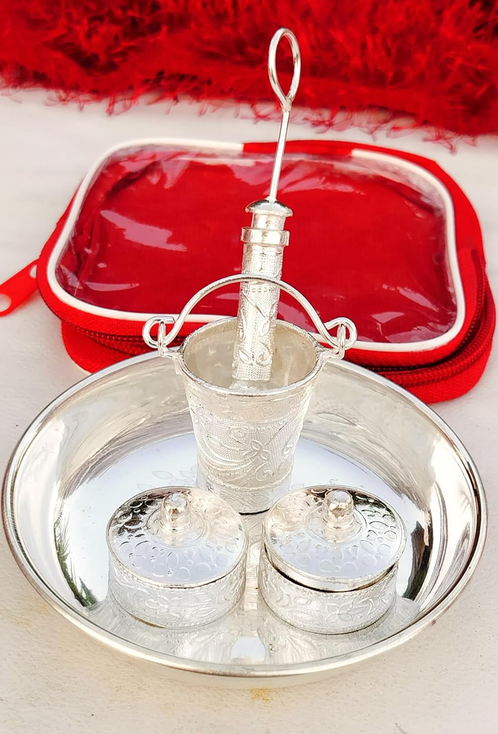 small German silver bucket pichkari set with silver dibbi for Gulal ...