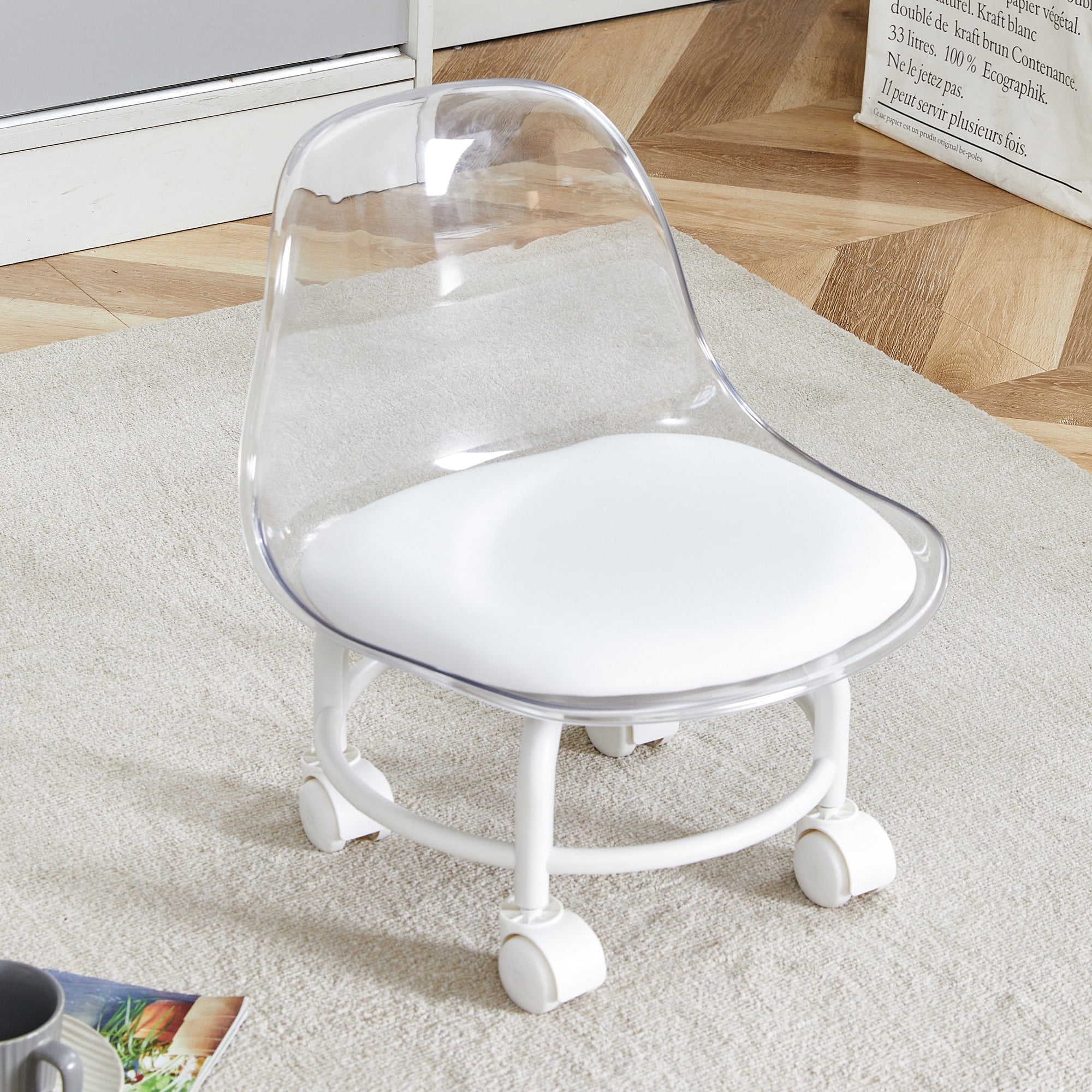 The small and cute white chair with silky pulleys can move freely ...