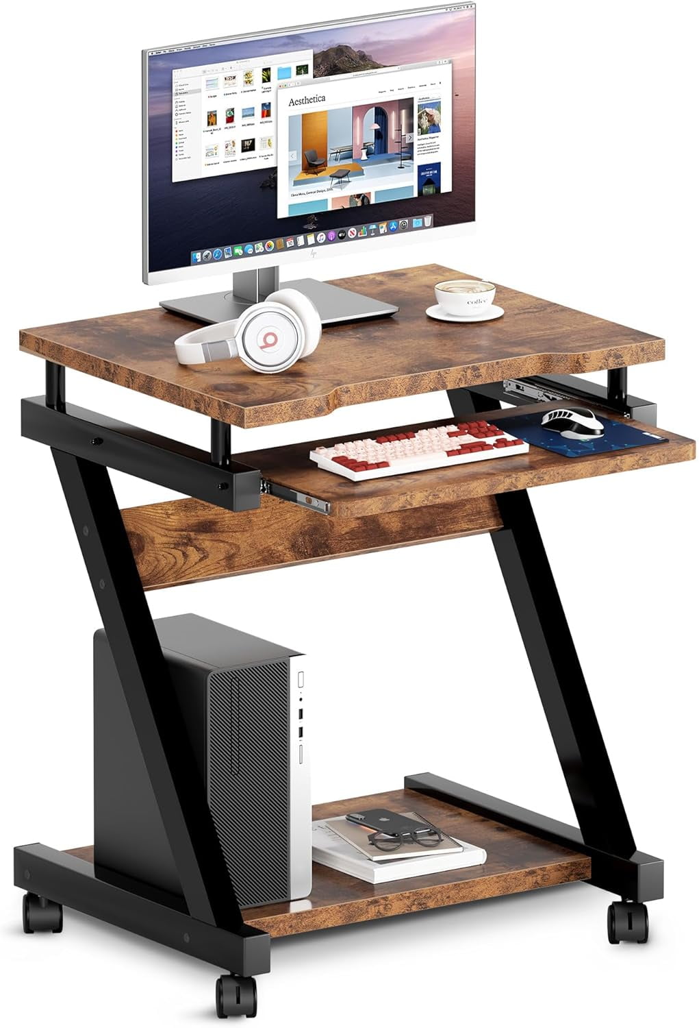 **small mobile computer desk with keyboard tray, z-shaped compact study table, rolling ...