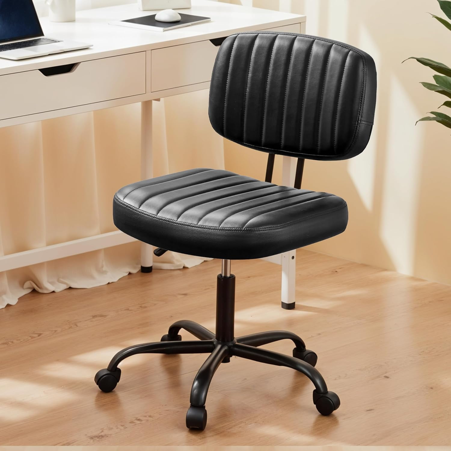 **small office chair, armless desk chair with wheels, pu leather comfy ...
