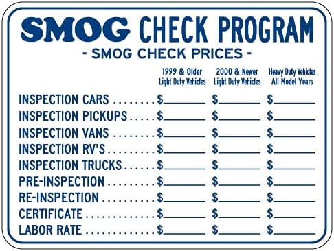 smog check program and inspection rates sign - 24x18 - non-reflective ...