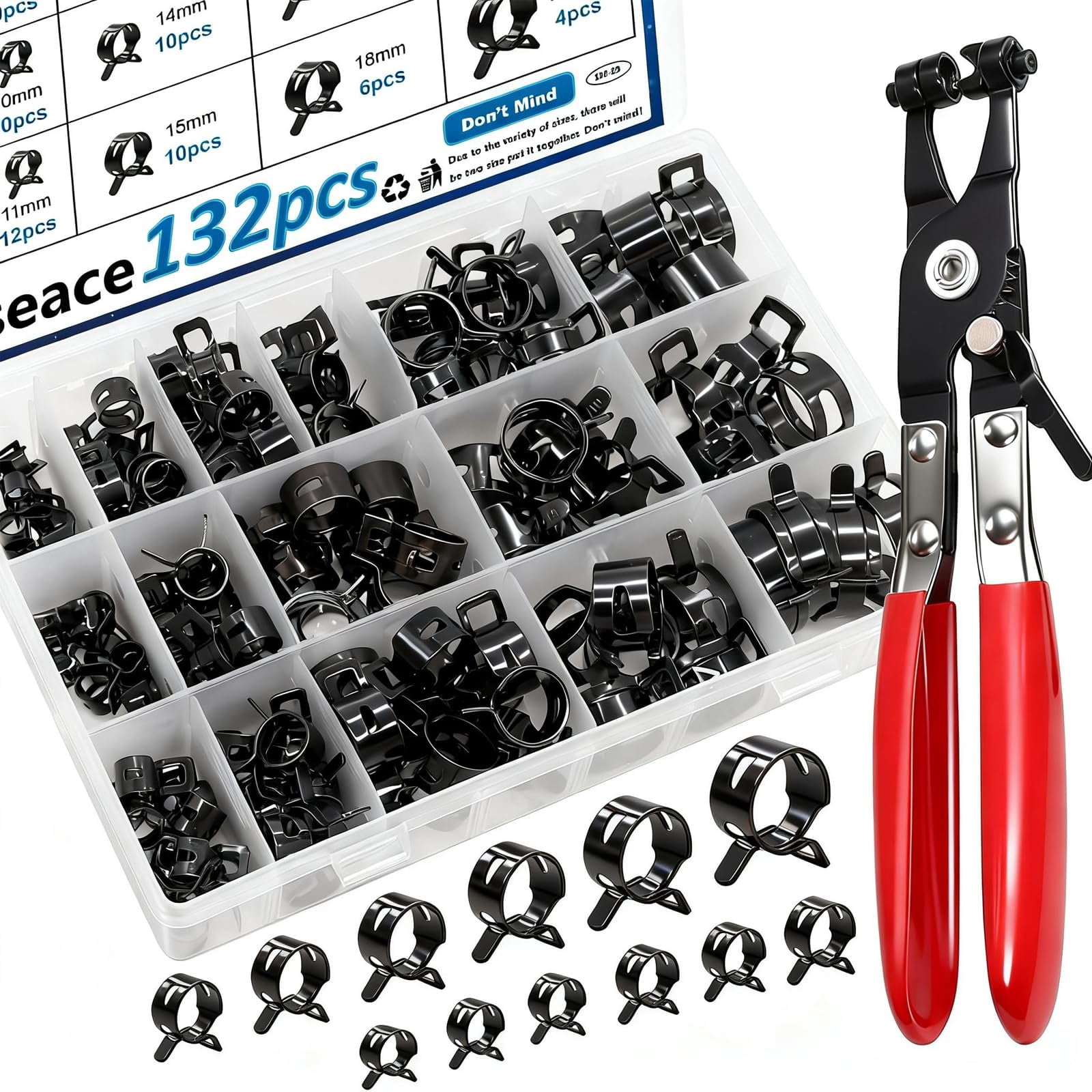 smseace 132Pcs 6-25mm Spring Hose Clamps With Hose Clamp Plier 16-sizes ...