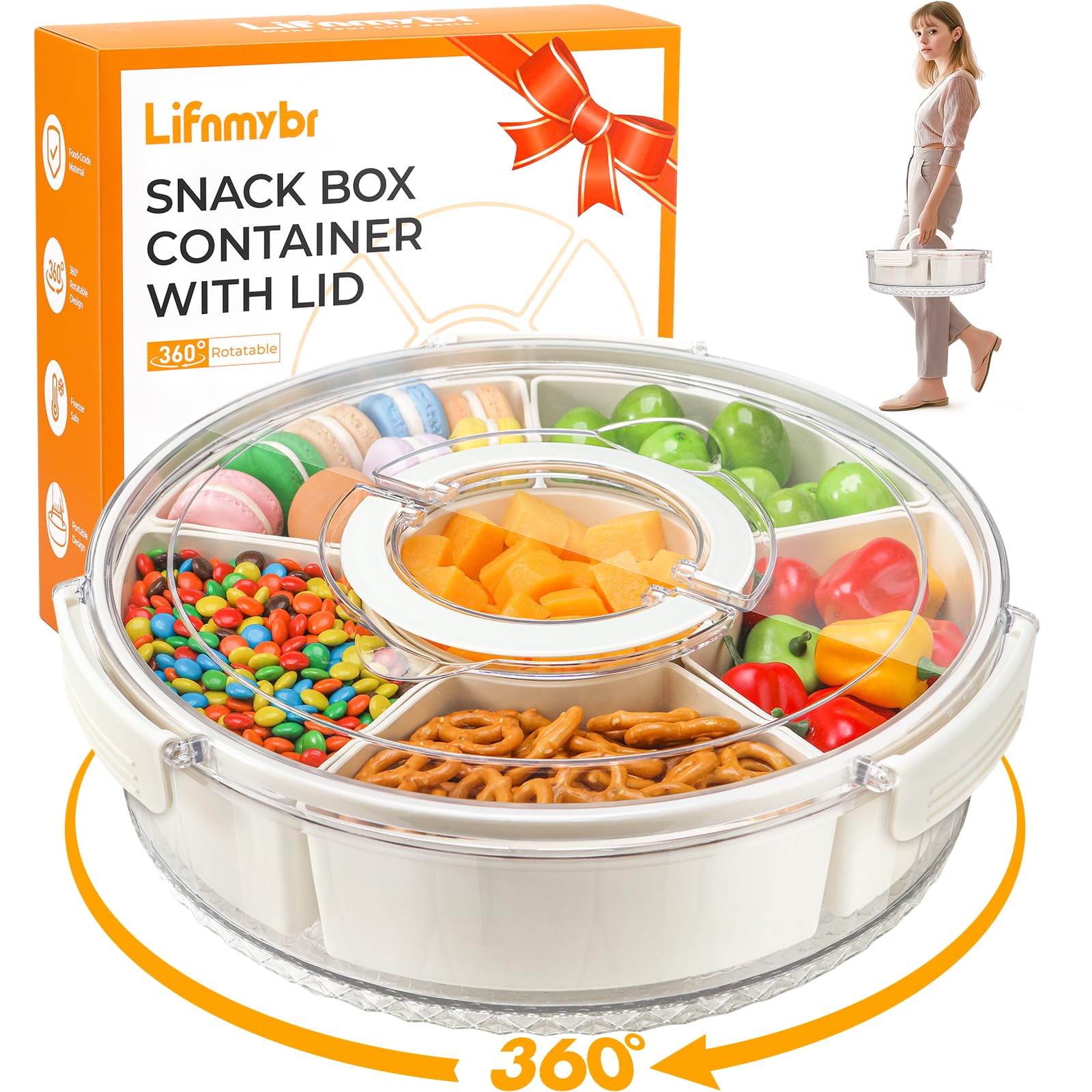 snackle box container, 360° Rotating 12in L Large Size divided serving ...