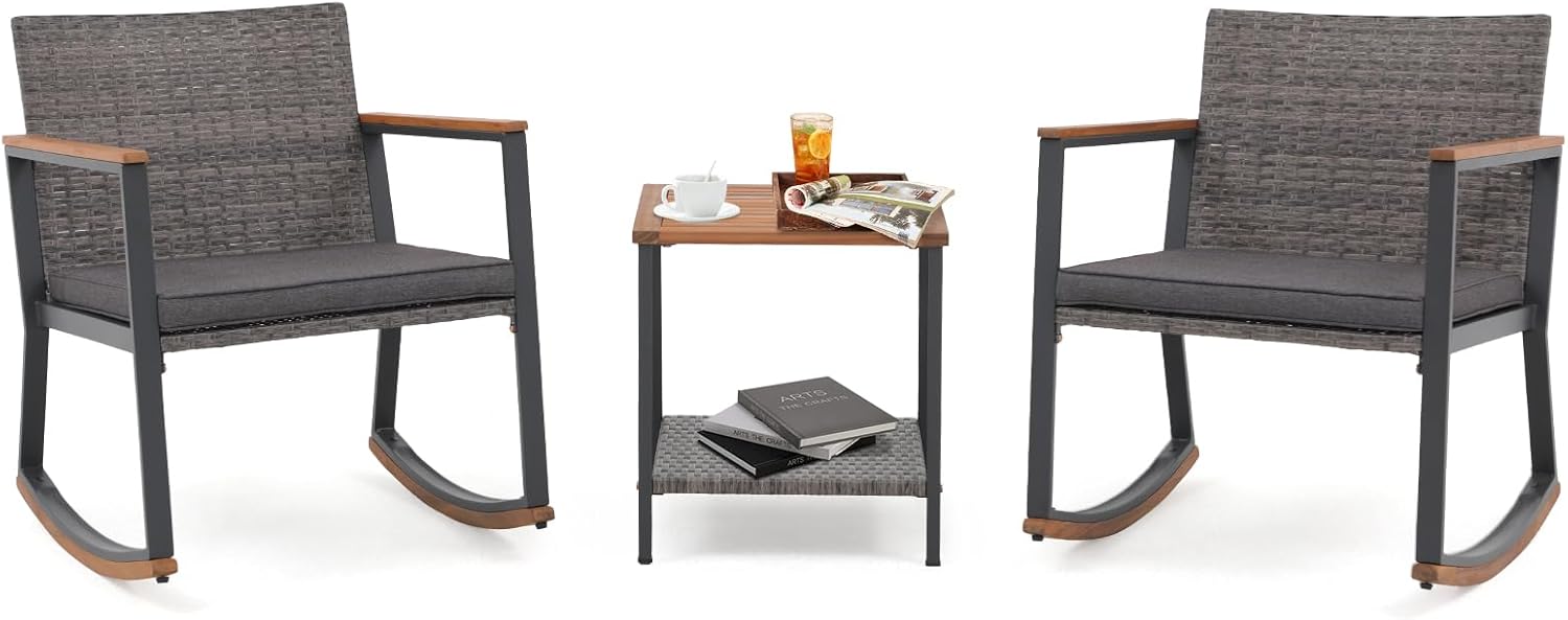 snbywihxnm 3 Pieces Rocking Bistro Set Small Wicker Patio Furniture Set ...