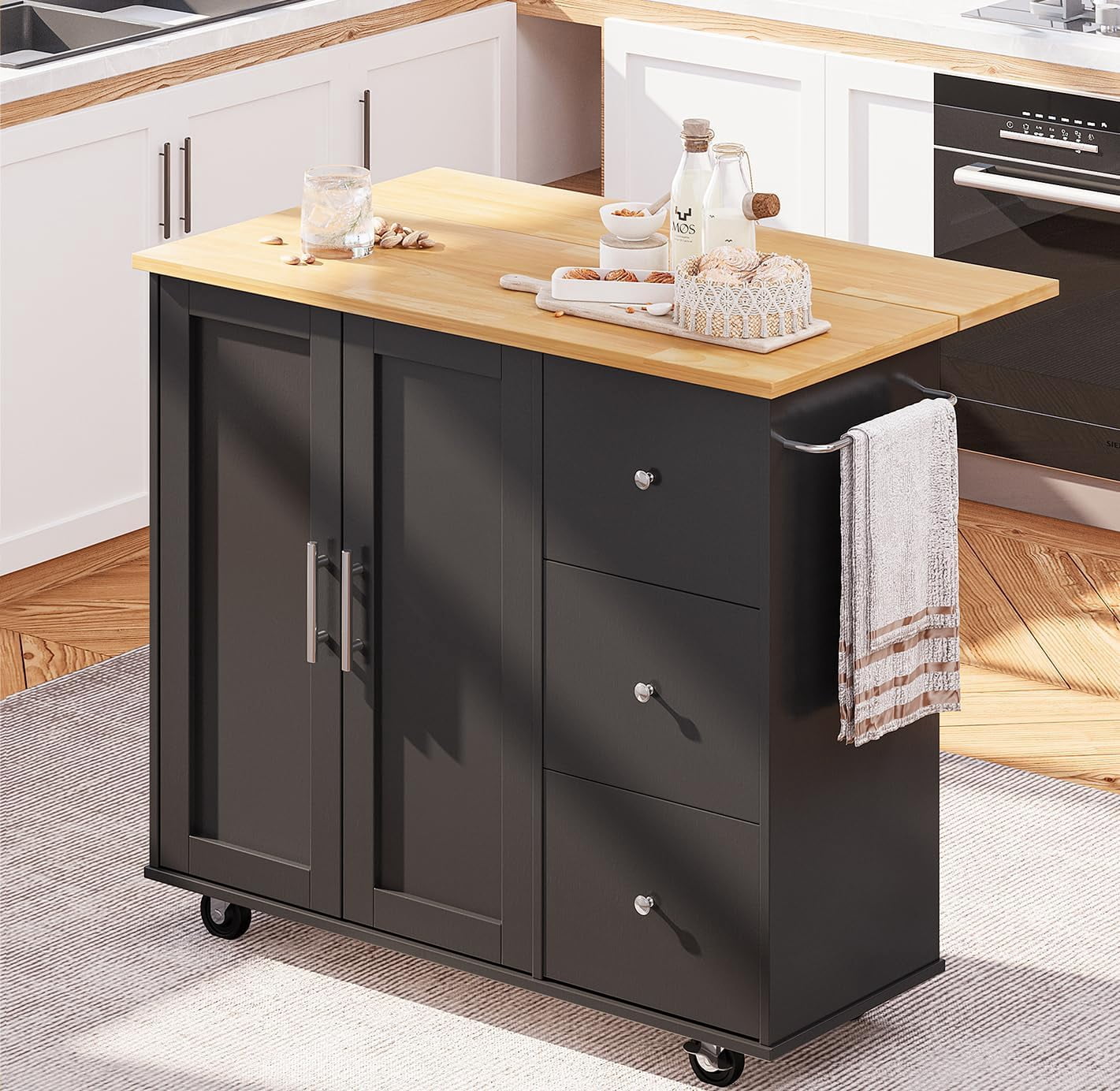 snbywihxnm Island on Wheels with Storage Cabinet & Foldable Drop Leaf ...