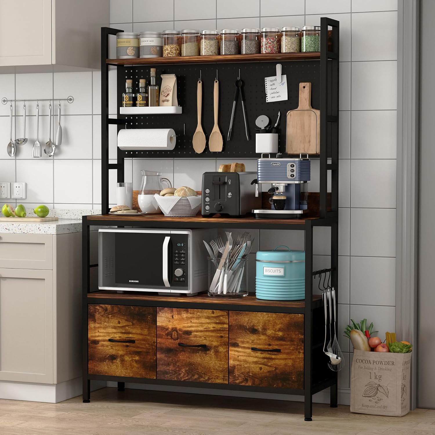 snbywihxnm Kitchen Bakers Rack with Pegboard 5-Tier Free Standing ...