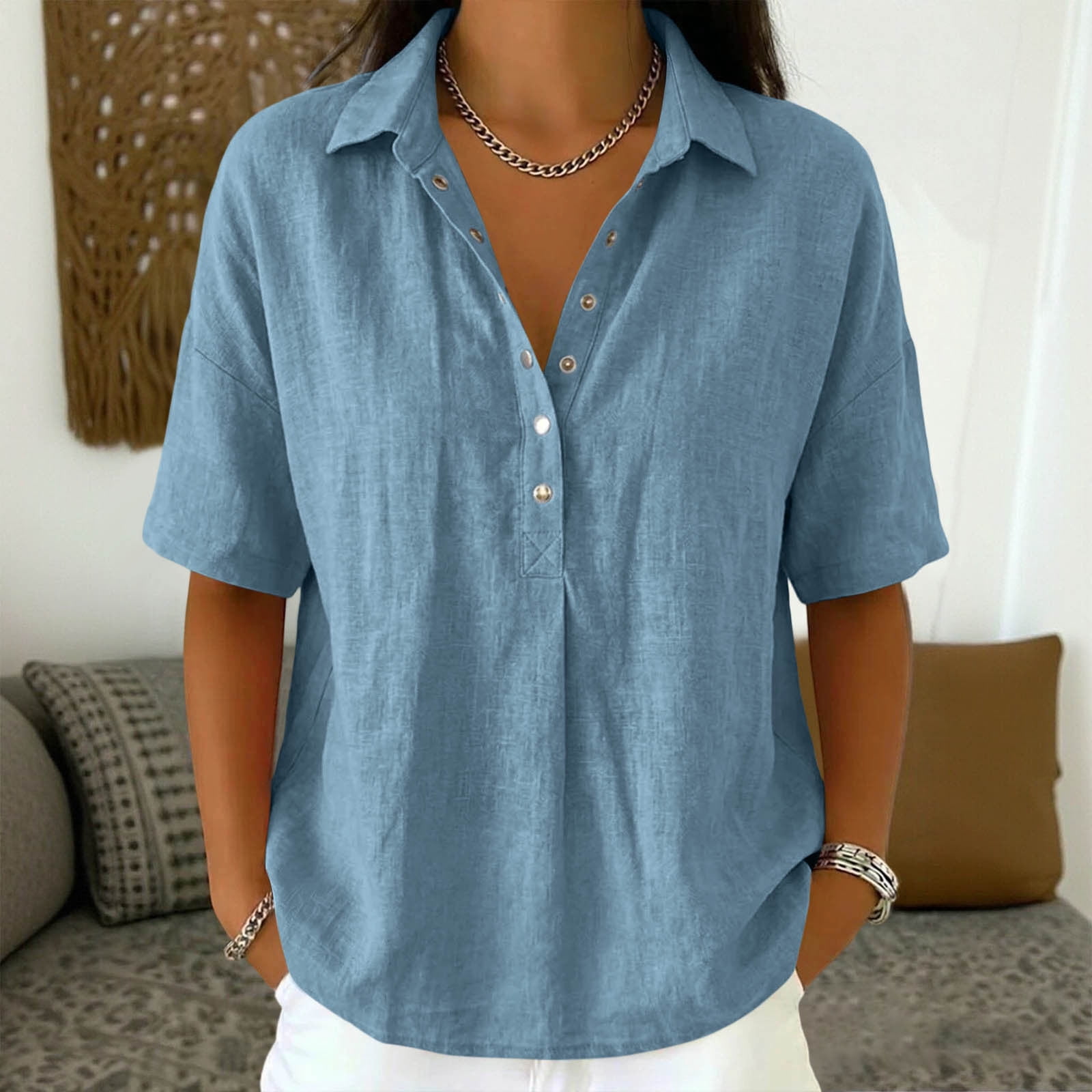 snilers Cotton Linen Tops for Women Summer Gauze Shirts Button Down V ...