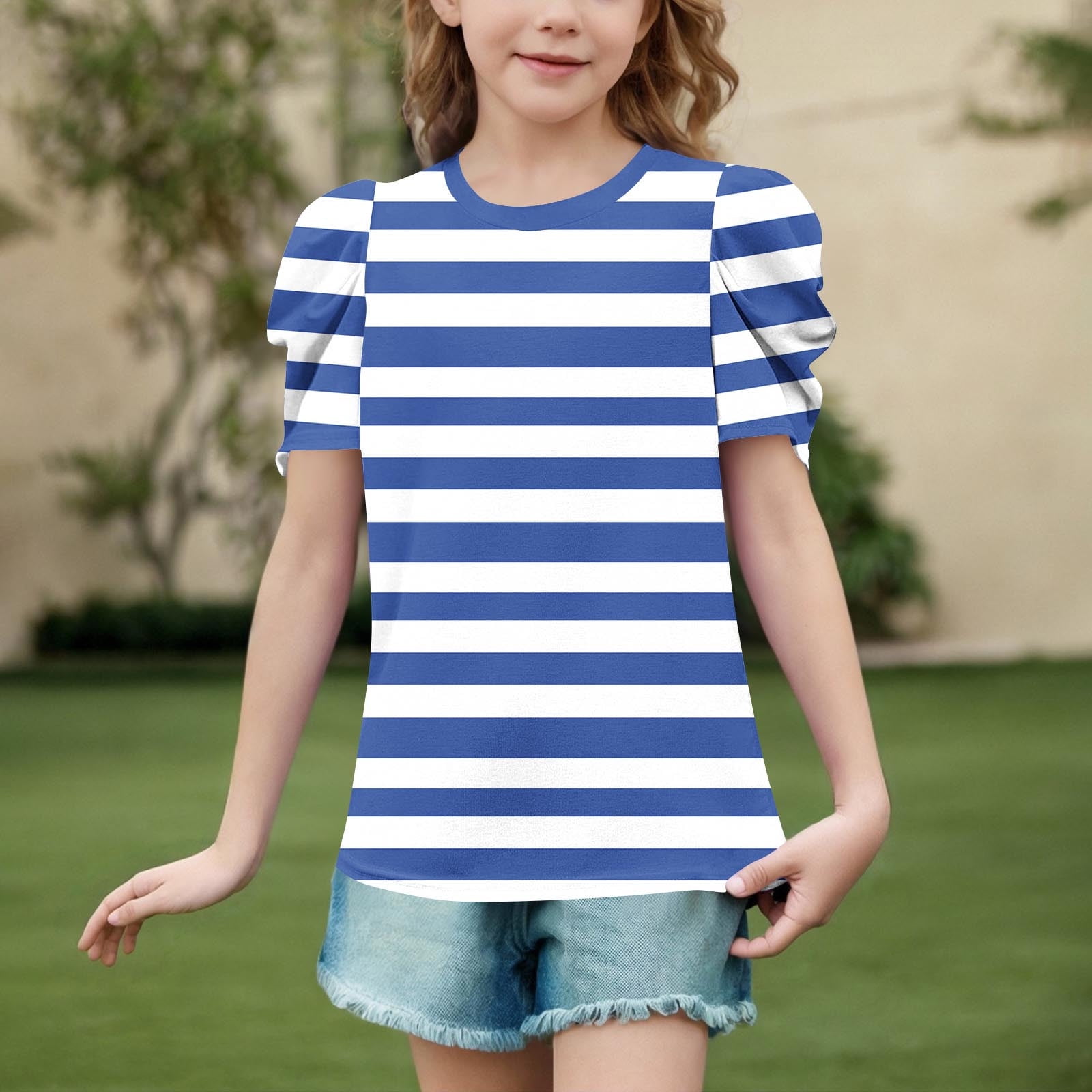 snilers Girls Casual Striped Shirts Kids Puff Short Sleeve Crewneck T ...
