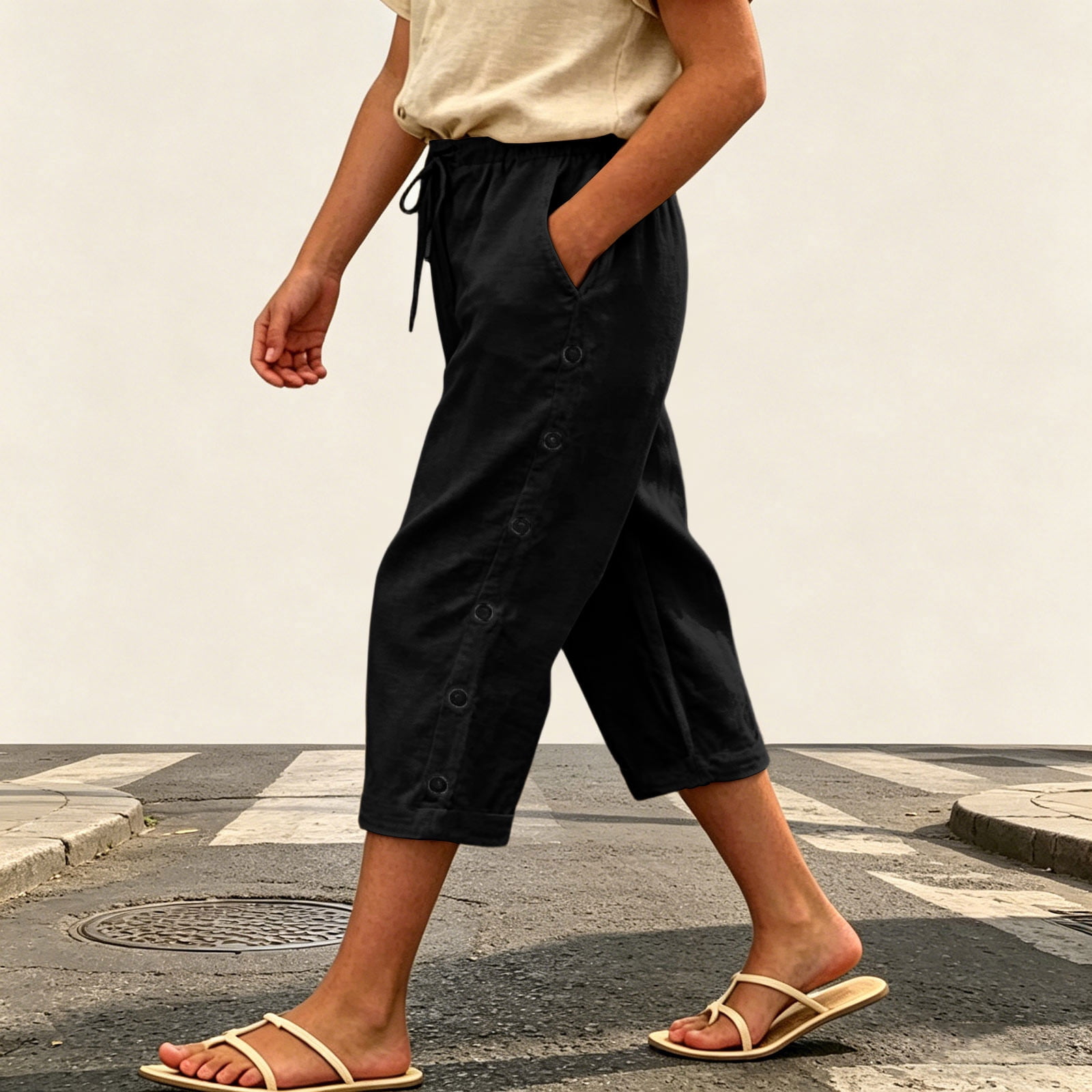 snilers Girls Linen Capri Pants Casual Pull-On 3/4 Length Cropped ...