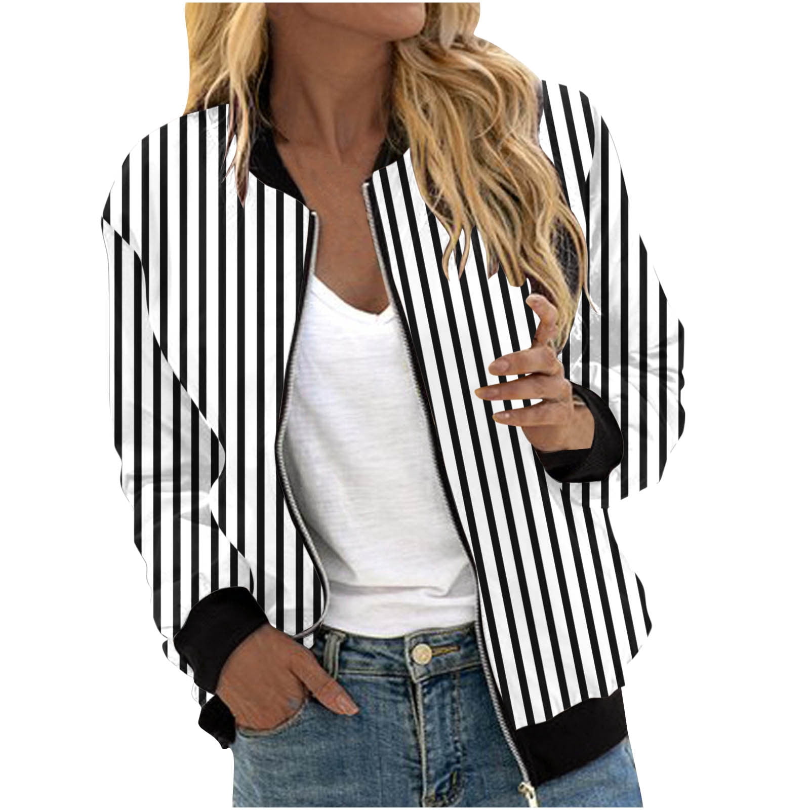 snilers Jackets for Women Stand Collar Zip Up Stripes Bomber Jacket ...