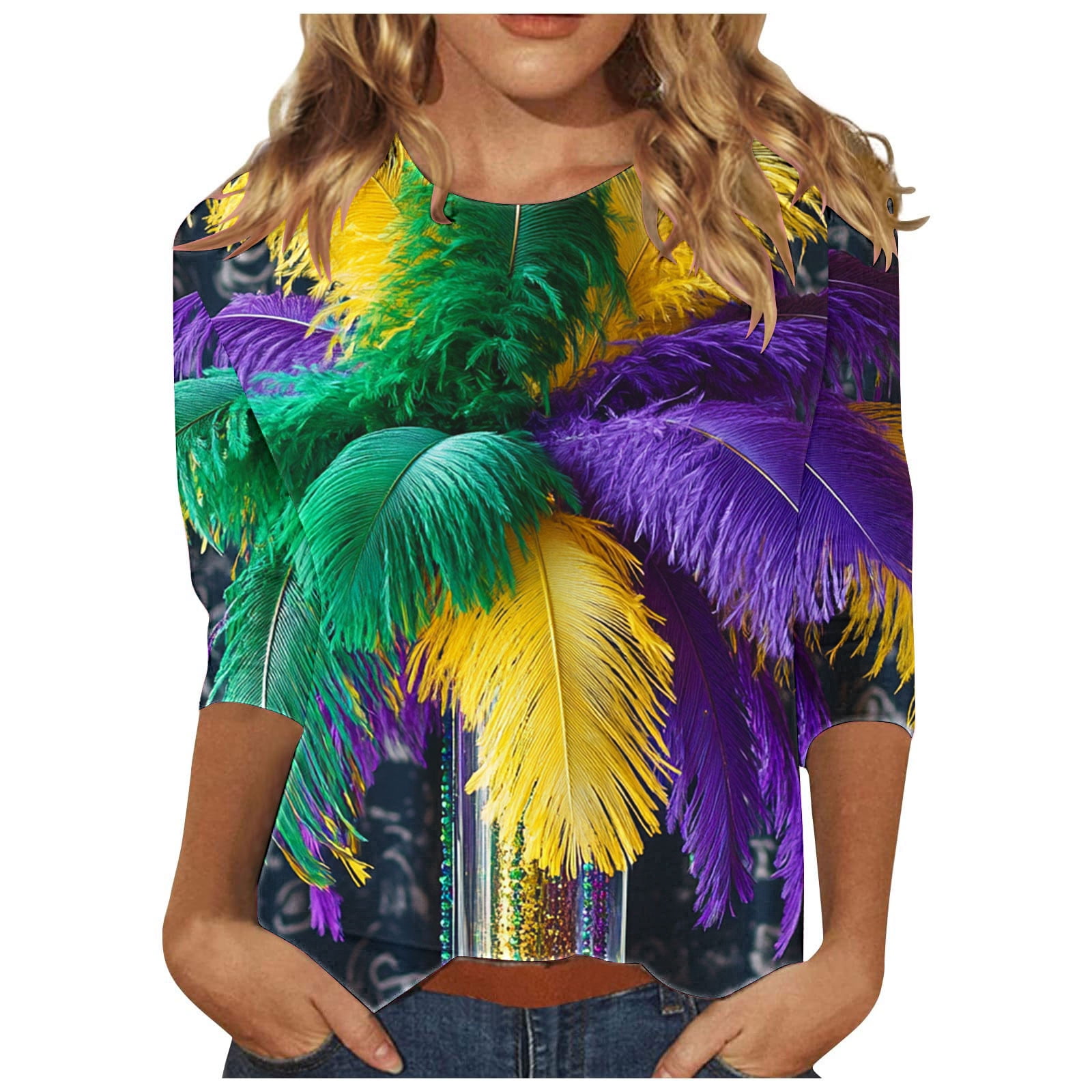 snilers Mardi Gras Shirts for Women 3/4 Sleeve Crew Neck Pullover 3D ...