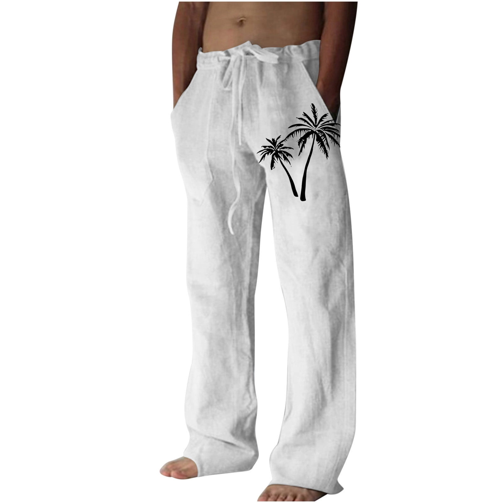Snilers Mens Linen Pants Drawstring Elastic Waist Breathable Trouser 3d