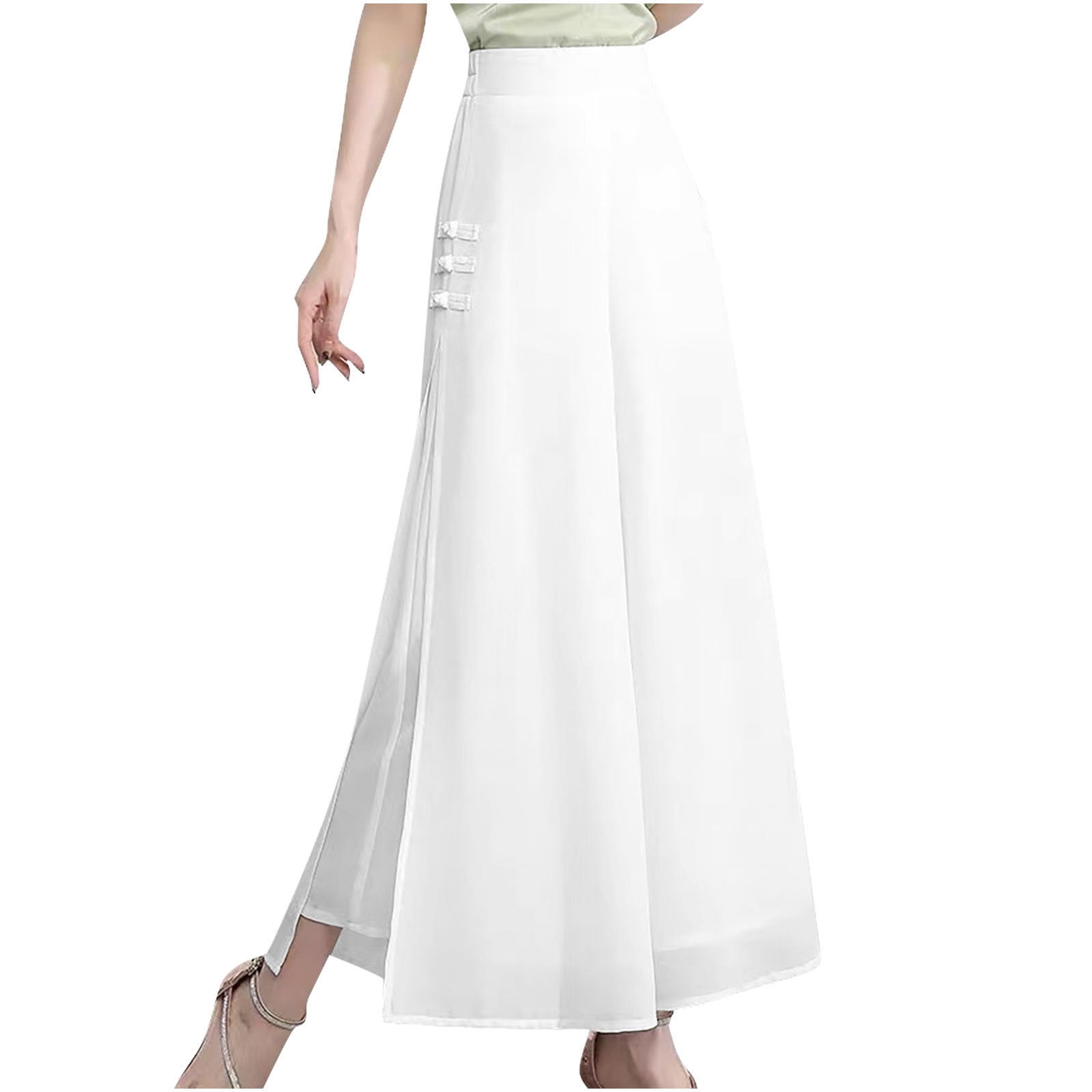 snilers Plus Size Palazzo Pants Women Chiffon Side Split Wide Leg Pants Draped Ankle Length ...