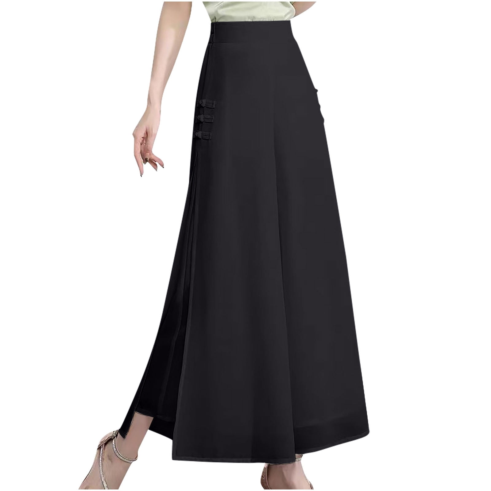 snilers Plus Size Palazzo Pants Women Chiffon Side Split Wide Leg Pants Draped Ankle Length ...