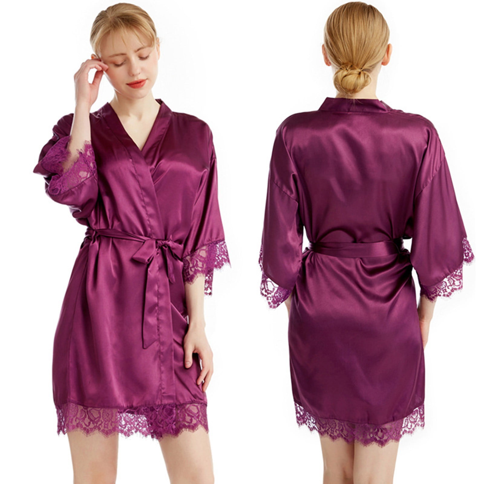 snilers Robes for Women Lace Trim Short Bathrobe Bride Bridesmaid ...