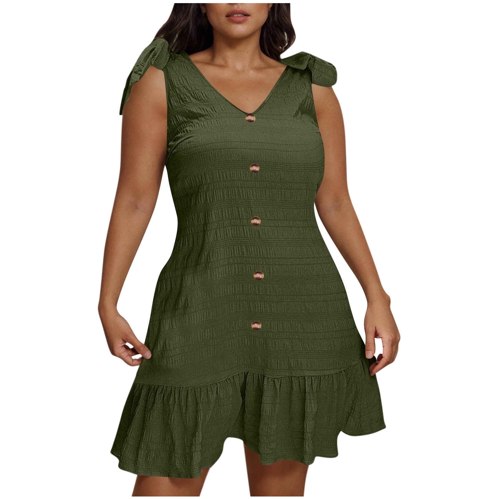 snilers Summer Dresses for Women Sleeveless V Neck Buttons Ruffled ...