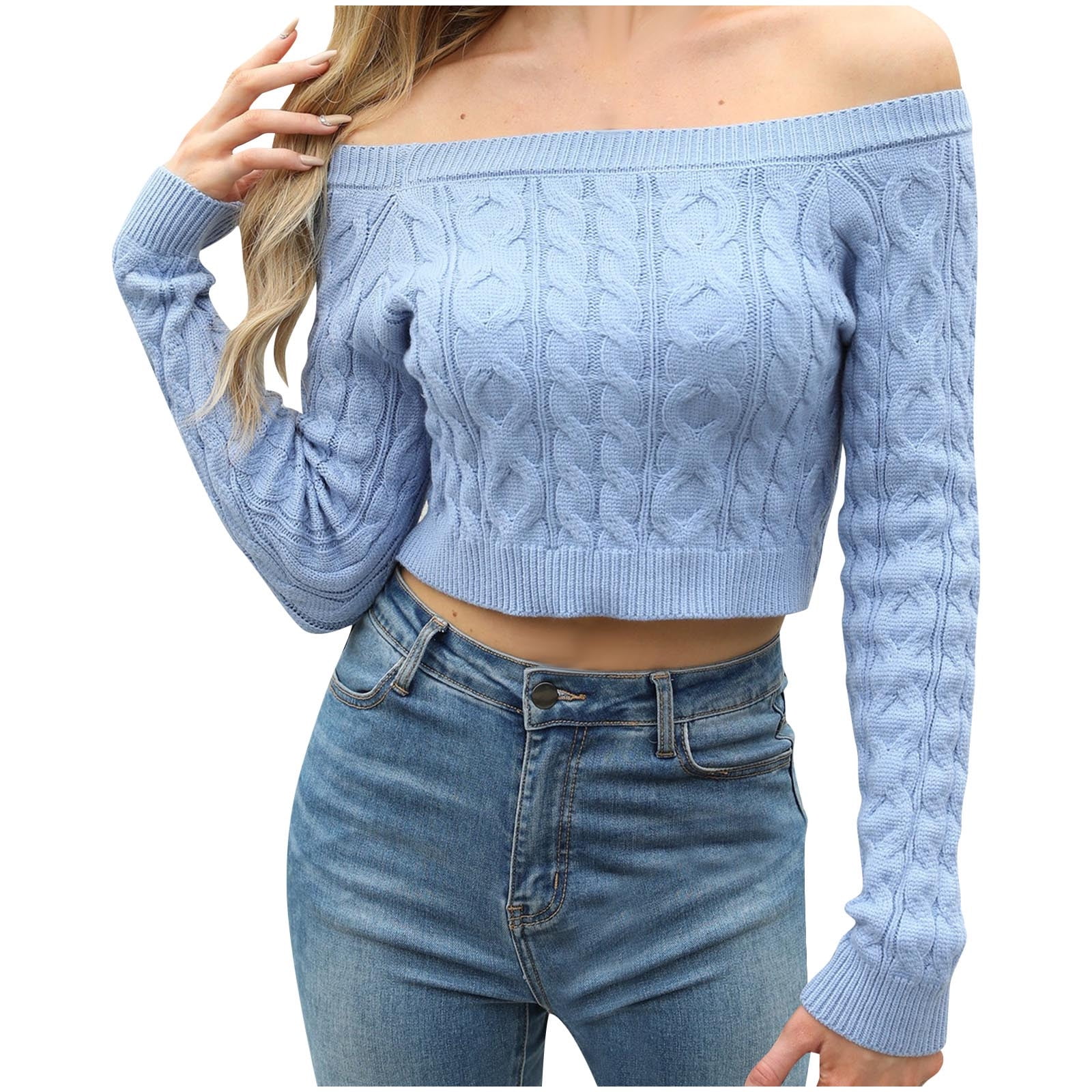 snilers Sweaters for Women Long Sleeve Off Shoulder Crop Cropped ...