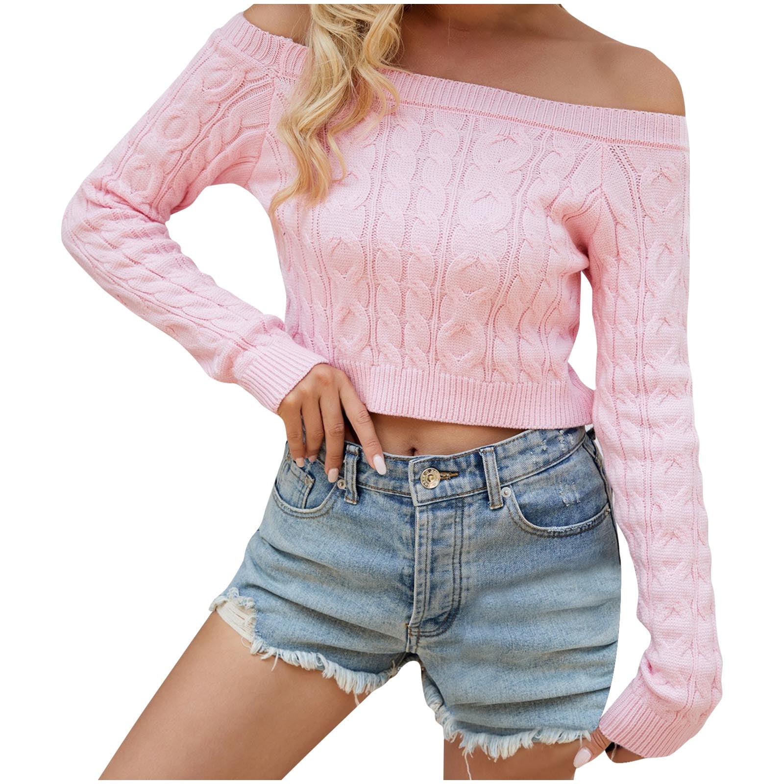 snilers Sweaters for Women Long Sleeve Off Shoulder Crop Cropped ...
