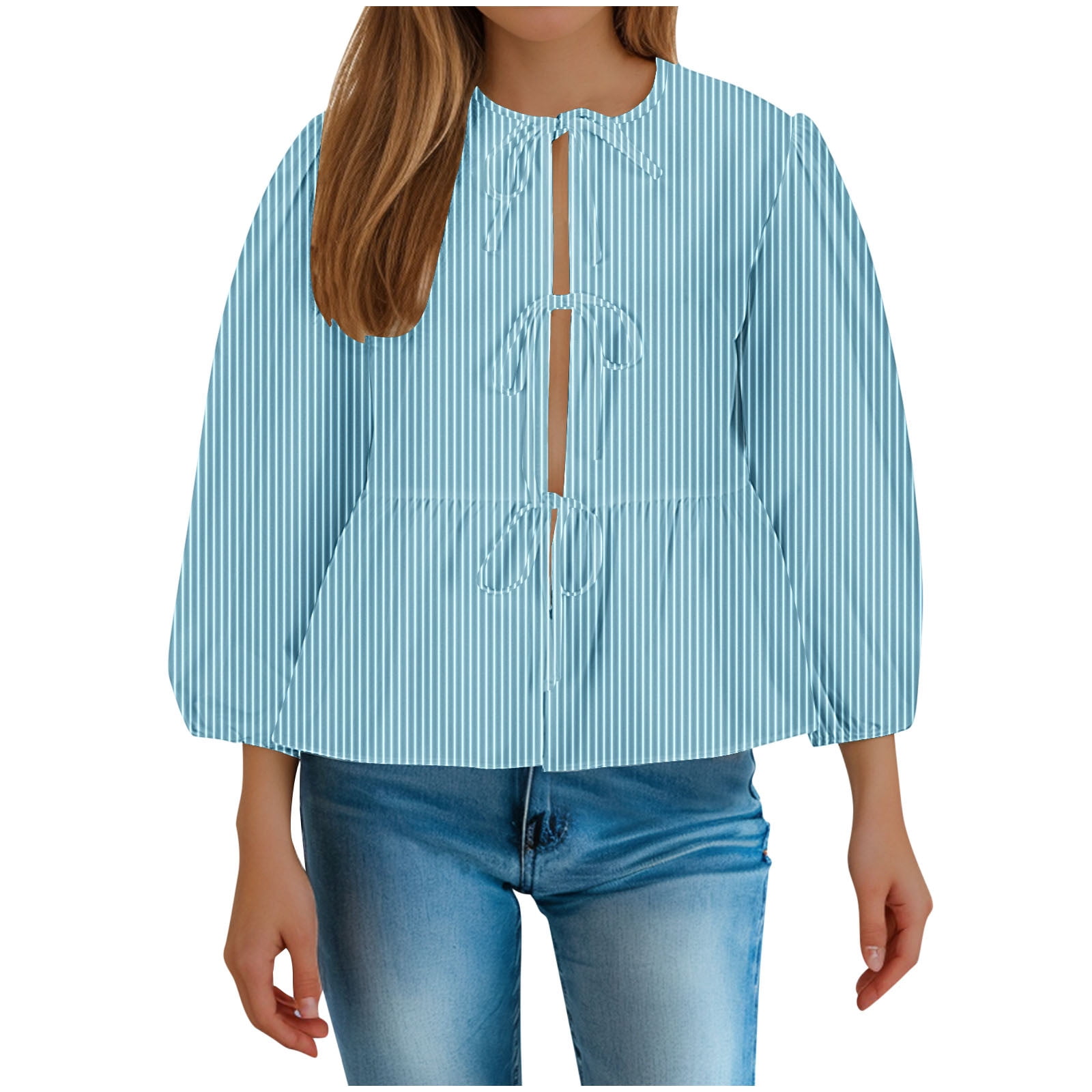 snilers Tops for Women Trendy Puff Long Sleeve Lace Up Shirts Stripes ...