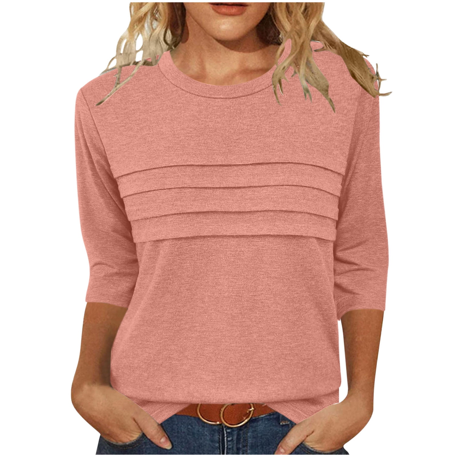 snilers Women Blouses Round Neck Front Pleated Tunic Tops Loose 3/4 ...