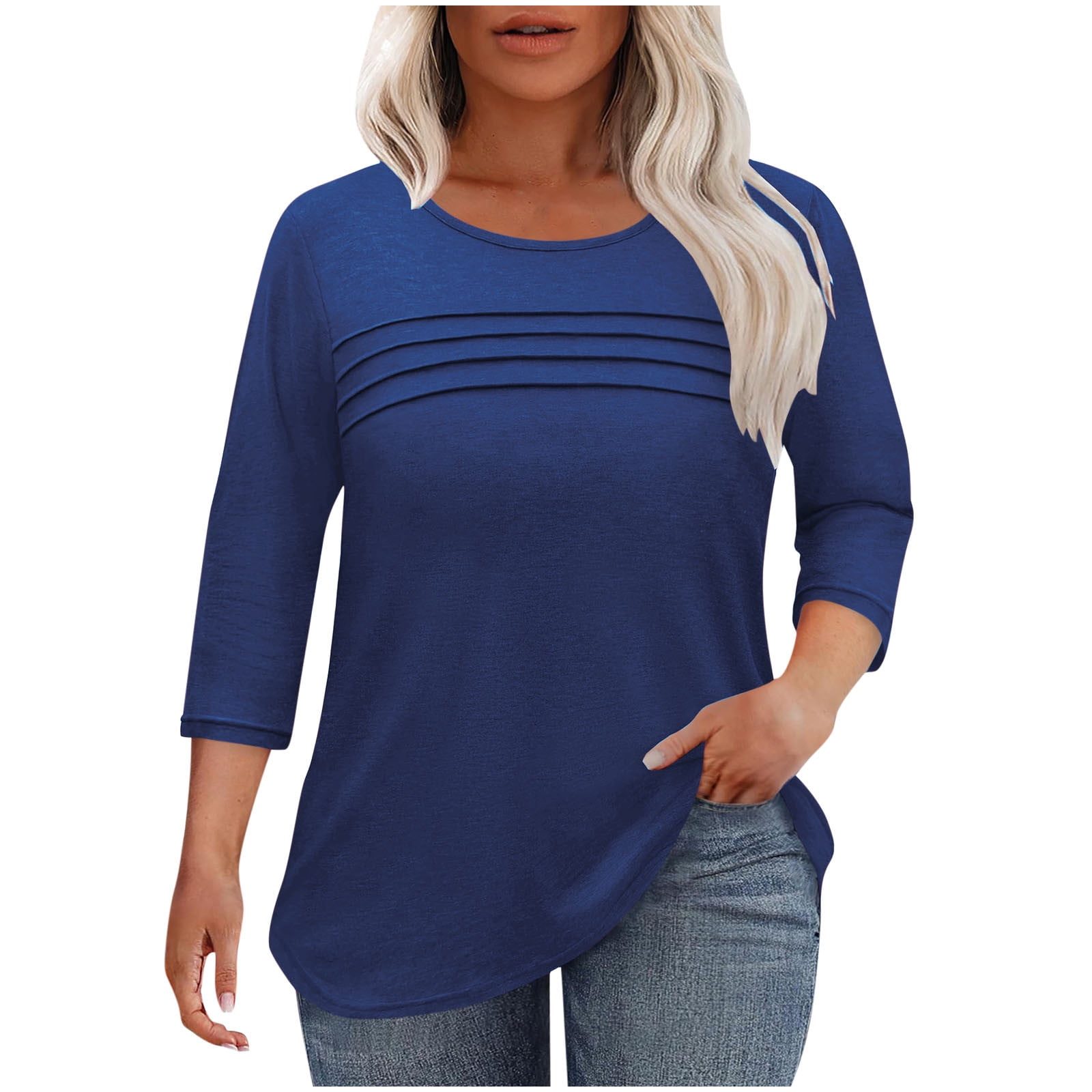 snilers Women Blouses Round Neck Front Pleated Tunic Tops Loose 3/4 ...