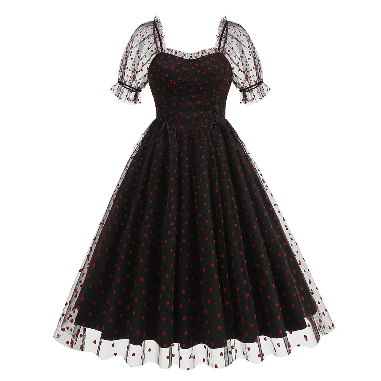 snilers Women Cocktail Dress Mesh Splice Heart Embroidery Swing Dress A ...