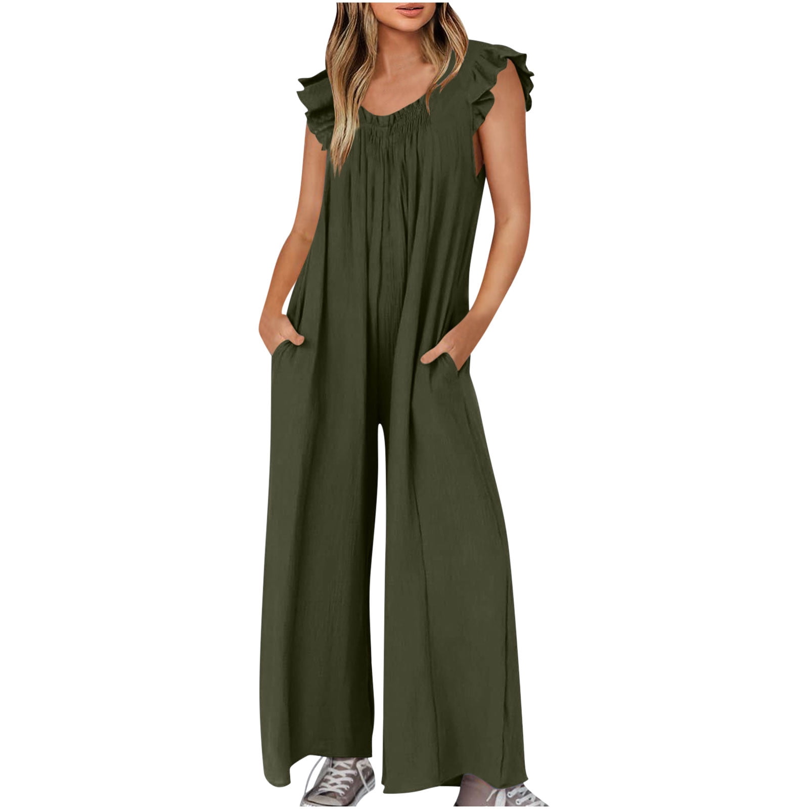 snilers Women's Jumpsuits Ruffled Sleeveless V Neck Wide Leg Rompers ...