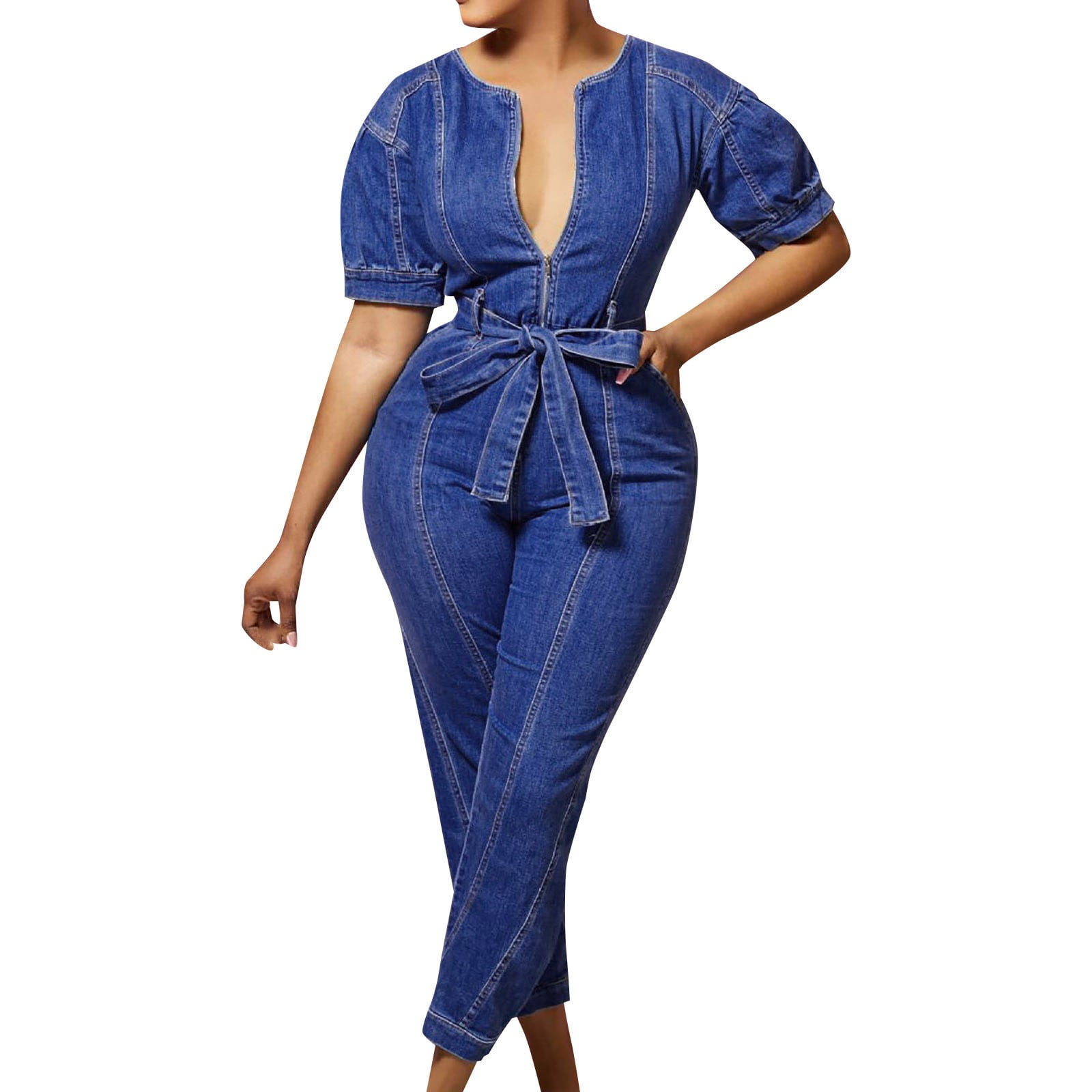 snowsong Denim Jumpsuit,2024 New Women's Sexy Deep V-neck Denim Bubble Sleeve Belted Cone-shaped ...
