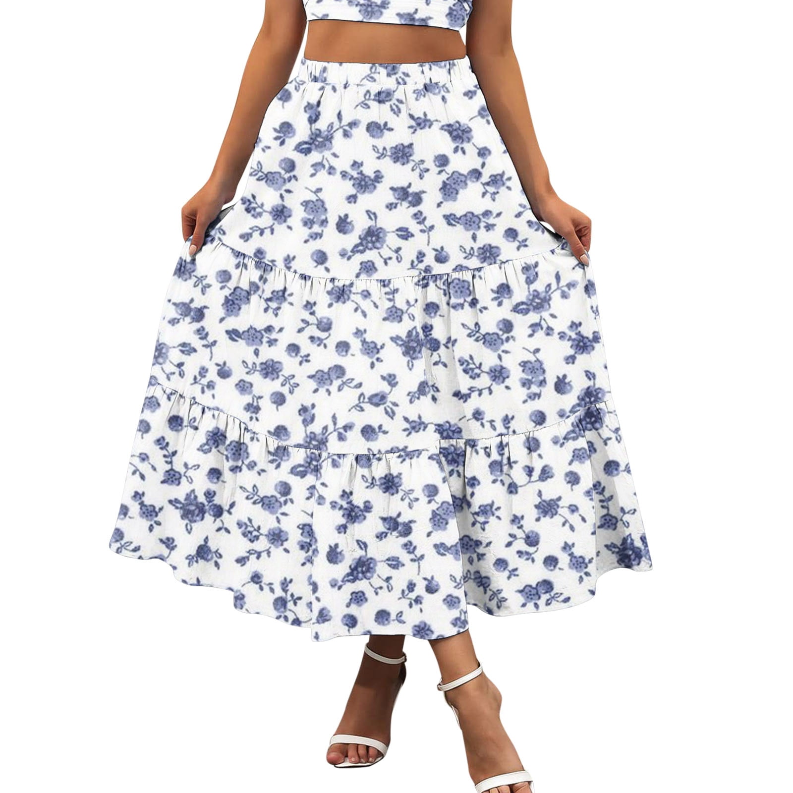 Snowsong Long Skirts For Women2024 Hot Womens Boho Printing Elastic Waist Pleated A Line Flowy