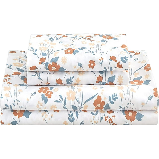 "Softan Full Size Floral Sheet Set - Orange Flower Printed, 4 Piece ...