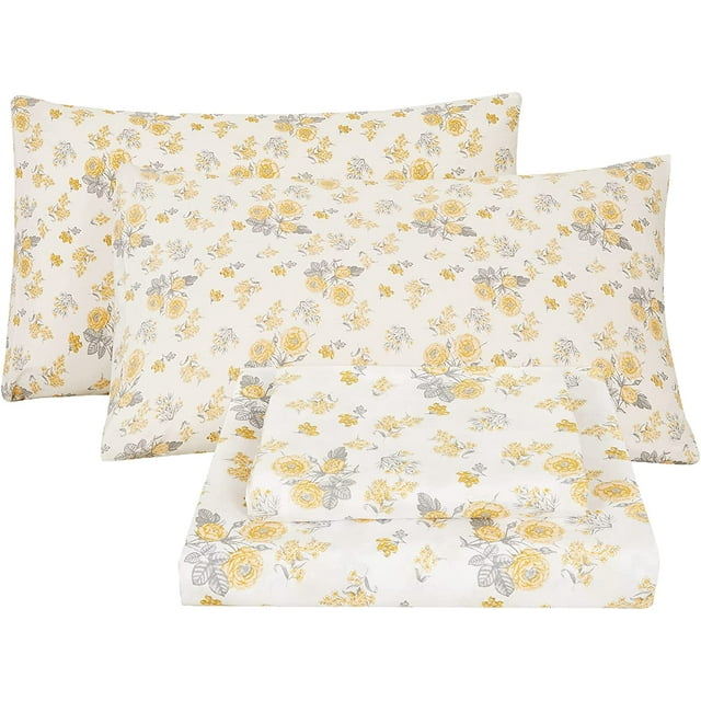 "Softan Yellow Floral Queen Size Bed Sheets Set - Microfiber, 15"" Deep ...
