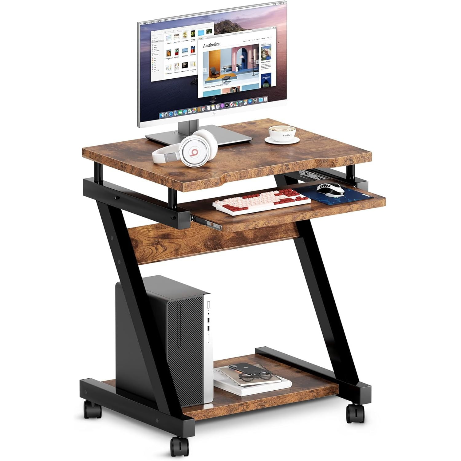 sogesfurniture Small Mobile Computer Desk with Keyboard Tray, Z-Shaped ...