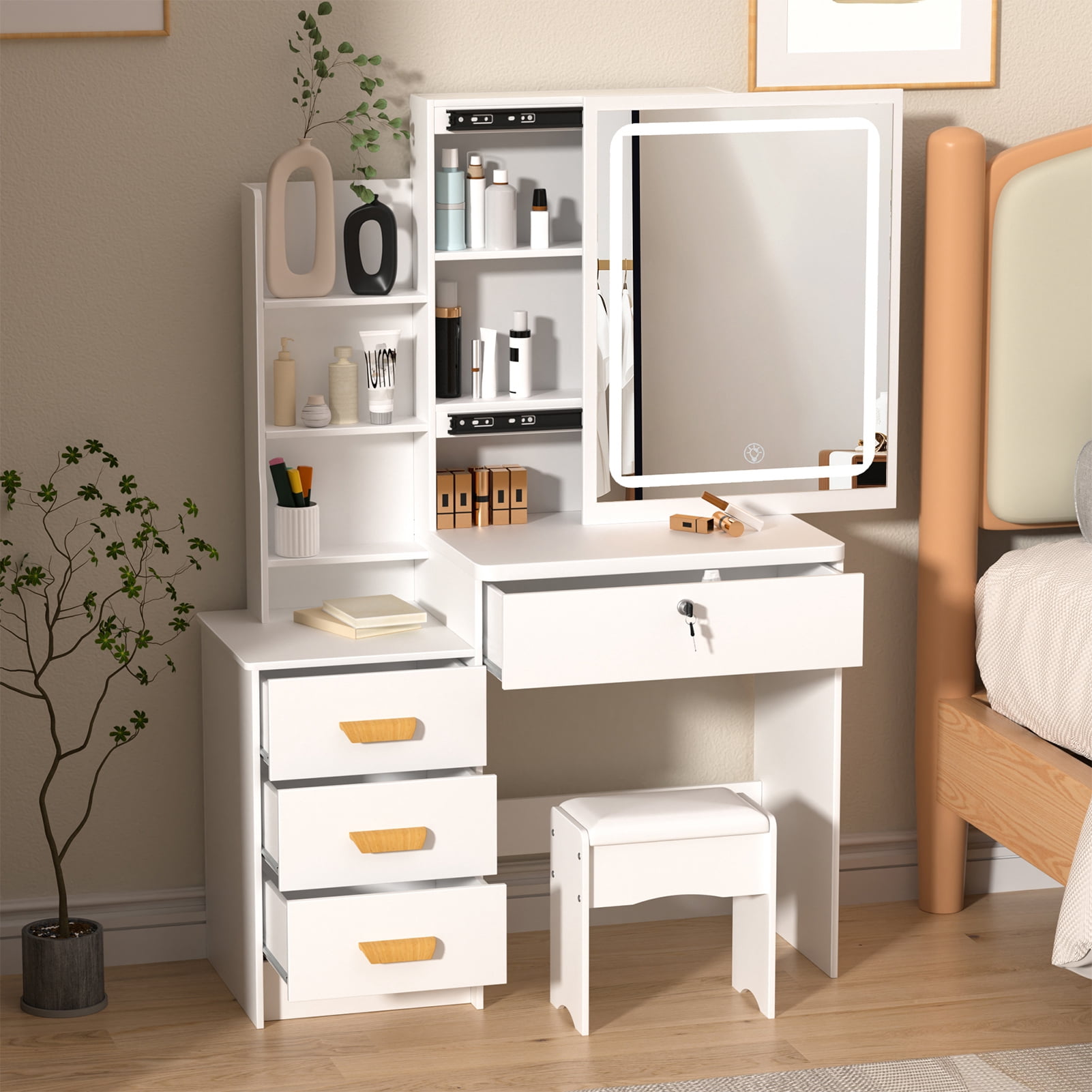 solautey Vanity Desk with Mirror and LED Lights, Small Makeup Vanity ...