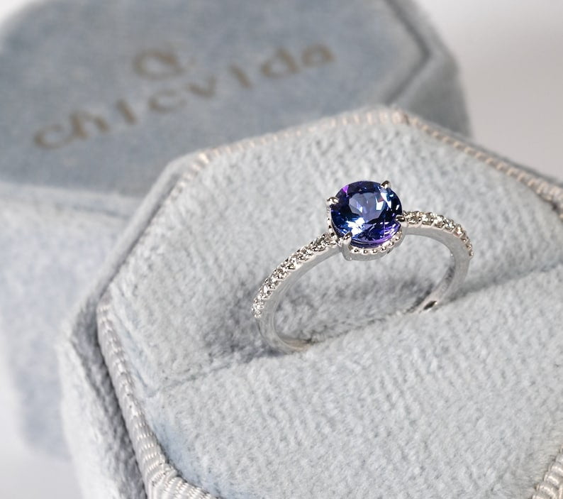 solitaire Tanzanite Ring, Blue Engagement Ring, Stackable Eternity Band ...