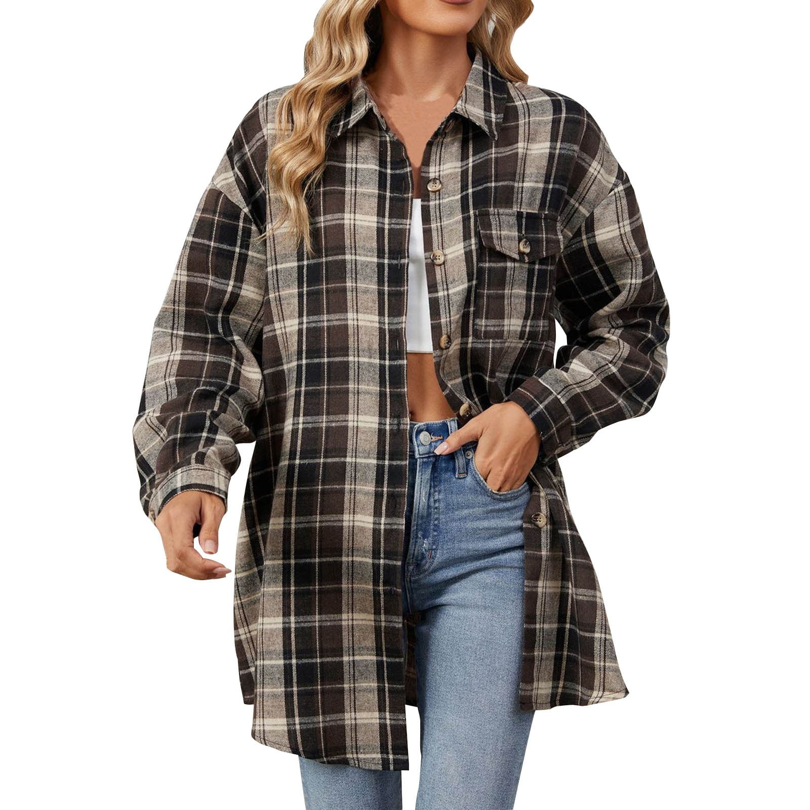 somlo Womens Button Down Shirts Plus Size Flannel Shacket Jacket Plaid ...