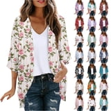 Women's Fashionable Floral Print Puff Sleeve Kimono Cardigan Loose Plus ...